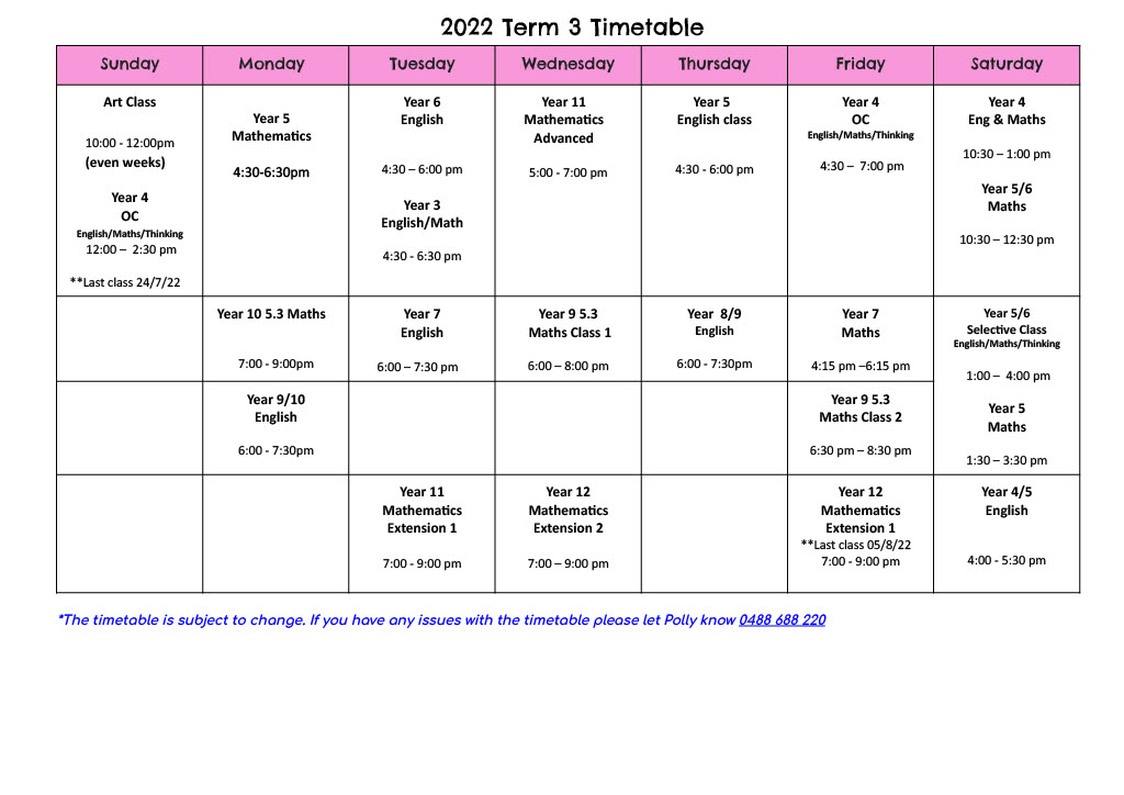 2022 Term 3 Timetable - A2Z Tuition